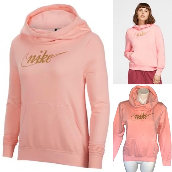 Nike | Tops | Nike Peach Pink Metallic Gold Funnel Cowl Neck Hoodie ...
